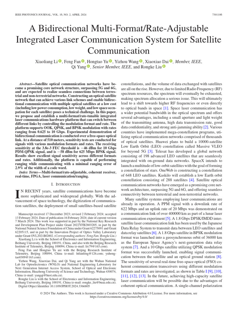 A Bidirectional Multi-Format Rate-Adjustable Integrated Laser Communication System For Satellite ...