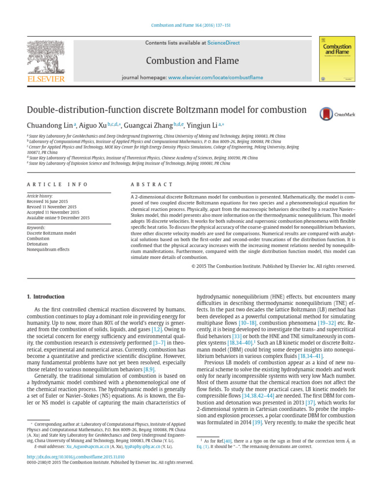 Double-Distribution-Function Discrete Boltzmann Model For Combustion | PDF | Diffusion | Chemistry
