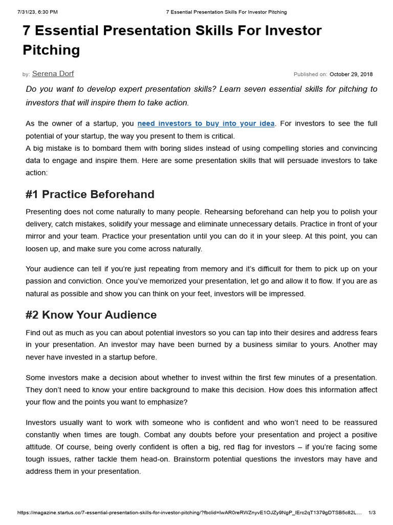 7 Essential Presentation Skills For Investor Pitching | PDF | Cognition | Human Communication