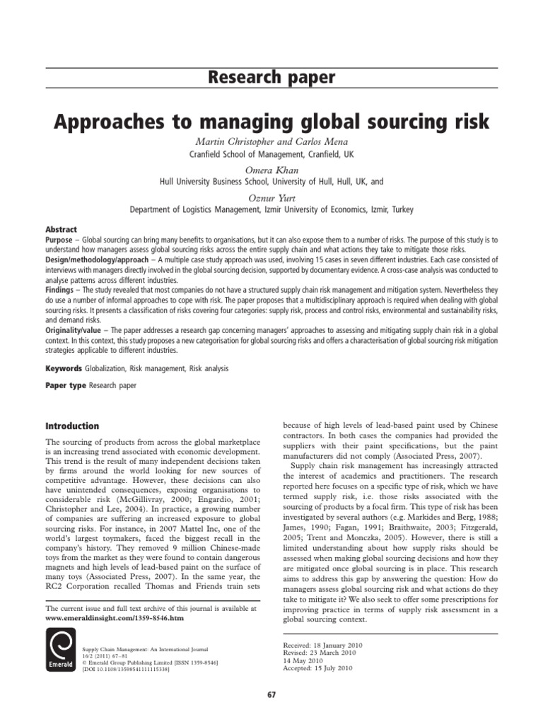 Approaches To Managing Global Sourcing Risk | PDF | Supply Chain | Risk
