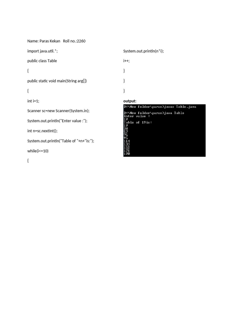 Java Program for Multiplication Table | PDF