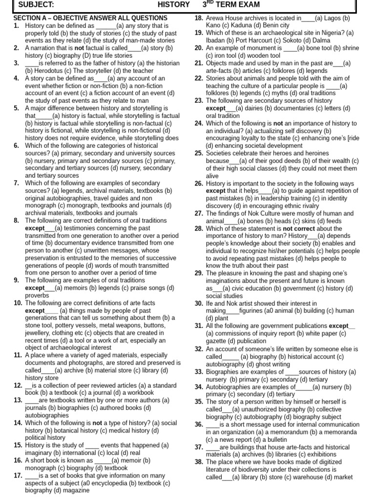 History JSS1 3RD Term Exam | PDF