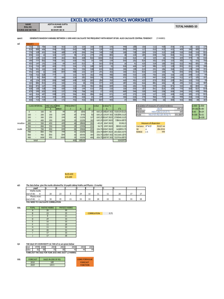 Aditya Kumar Gupta (23-40088) Excel Worksheet | PDF | Median | Descriptive Statistics