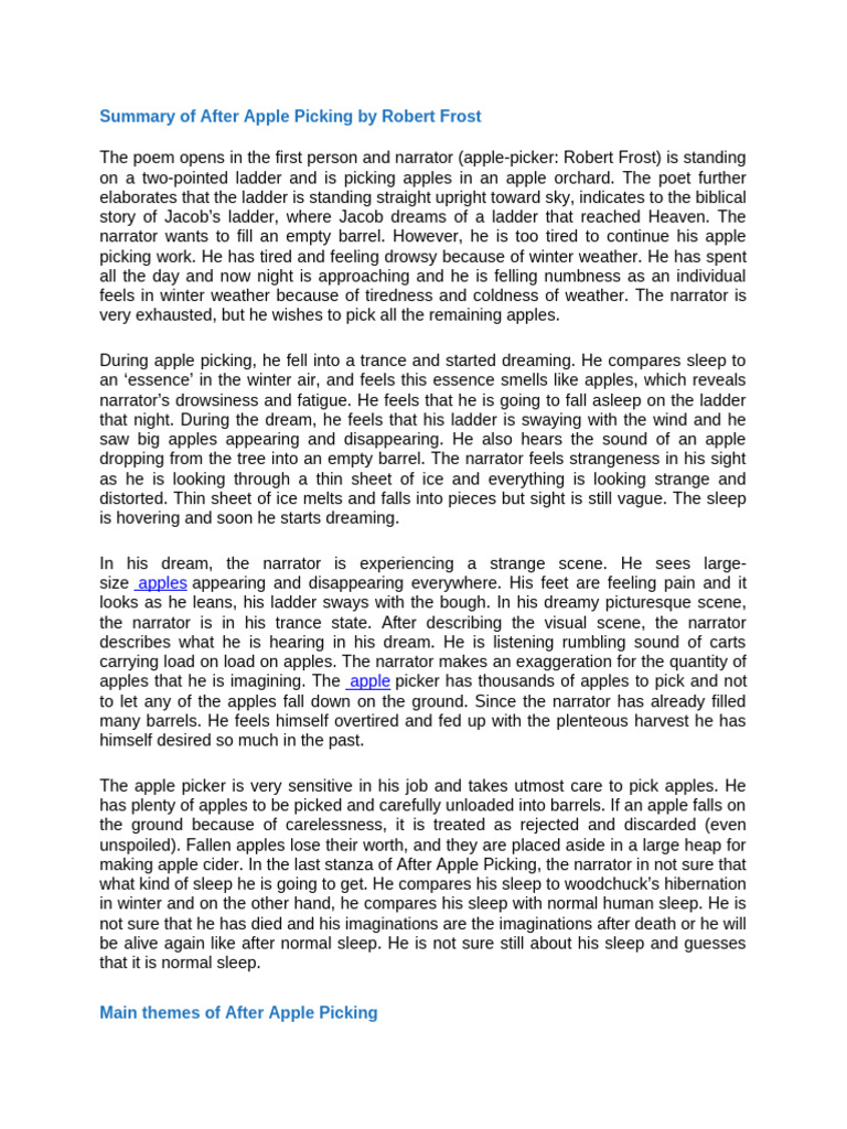 Summary of After Apple Picking by Robert Frost | PDF