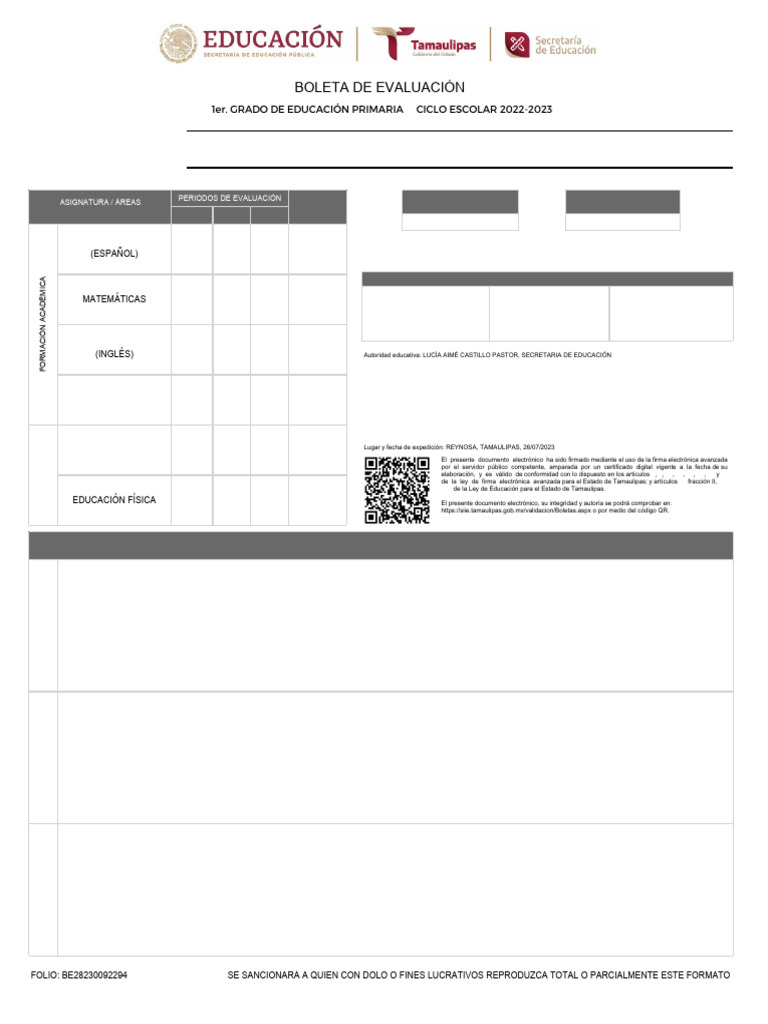 Boleta de Evaluación 1er Grado 2022-2023 | PDF