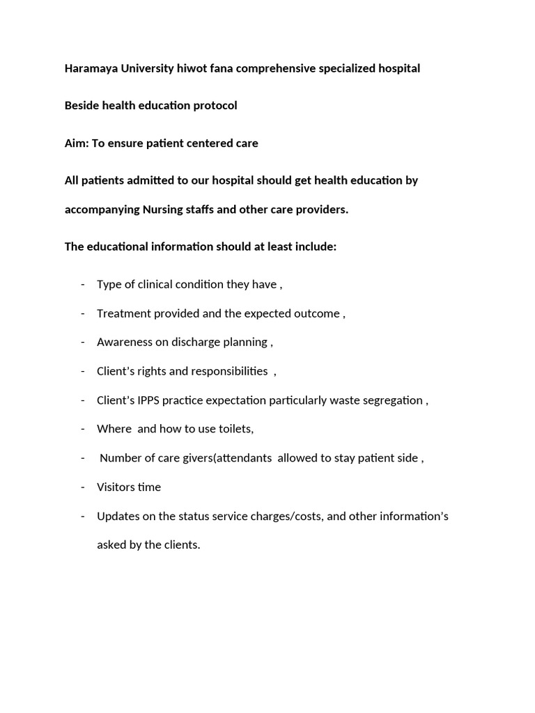 Patient Education at Hiwot Fana Hospital | PDF