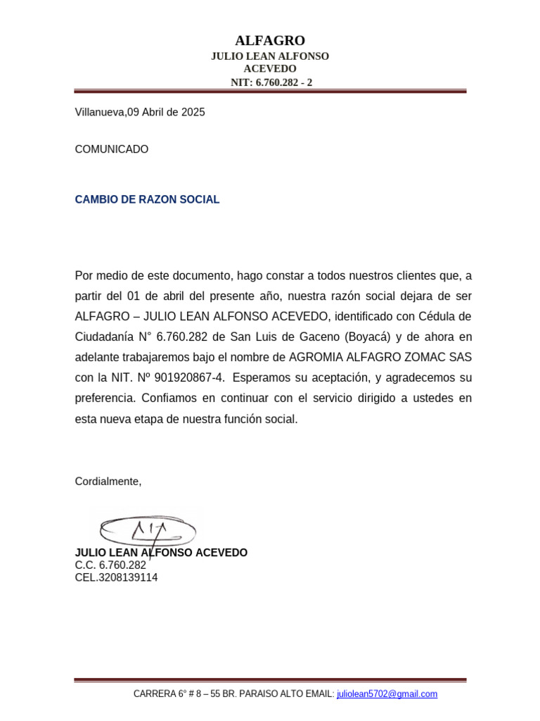 Comunicado Cambio de Razon Social. Clientes | PDF
