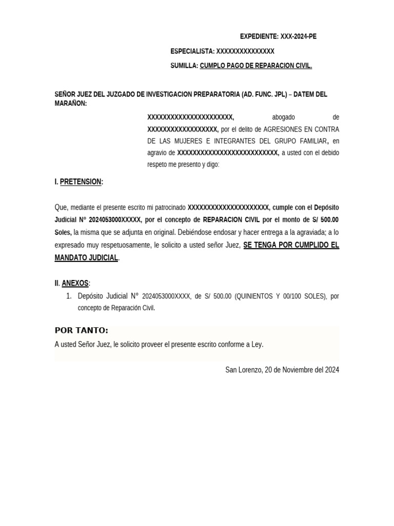 Escrito - Pago Reparacion Civil | PDF