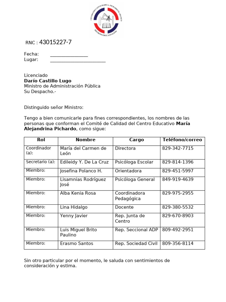 Modelo Carta Comite Institucional Calidad | PDF