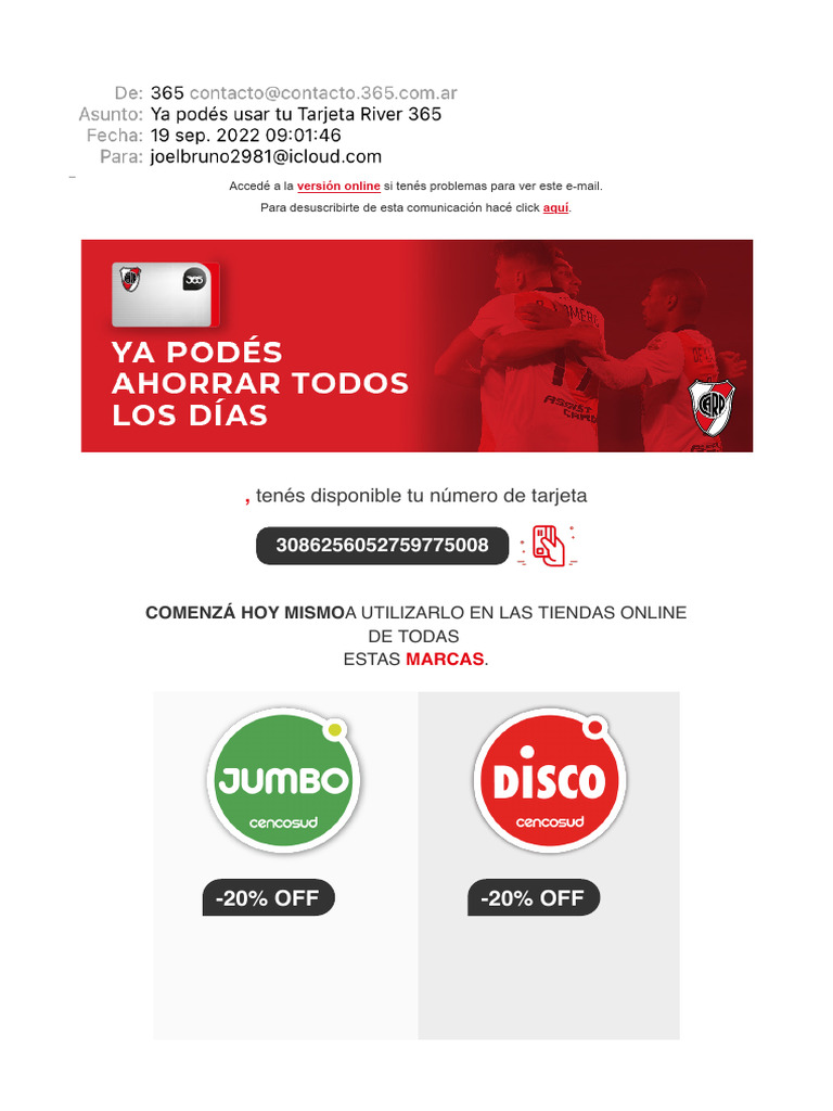 Ya podés usar tu Tarjeta River 365 | PDF