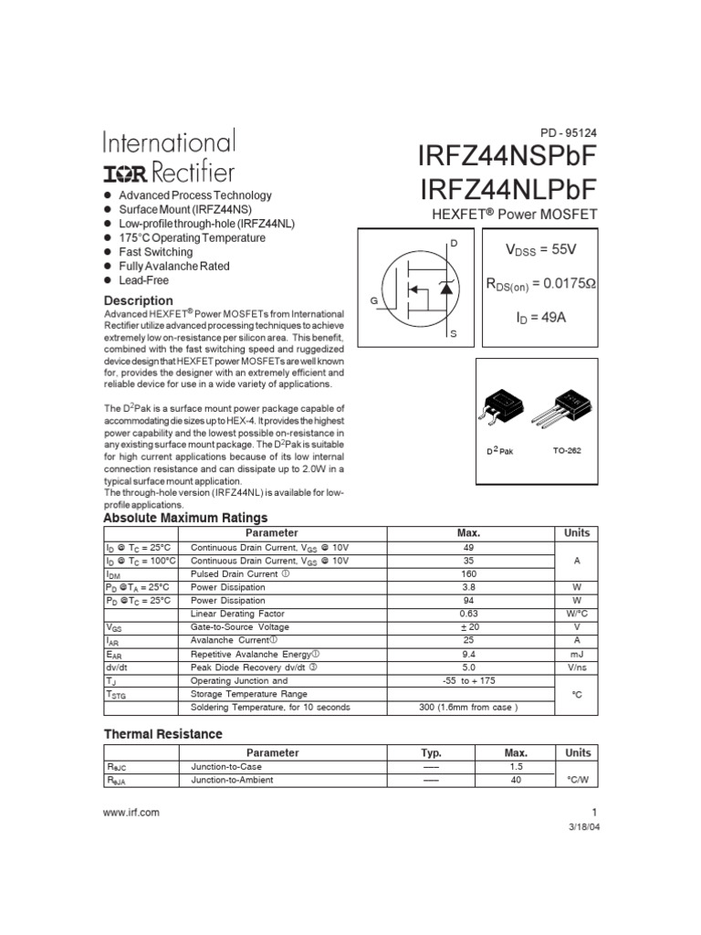 Infineon IRFZ44NS DataSheet v01 01 EN-3363127 | PDF | Mosfet | Computer Engineering
