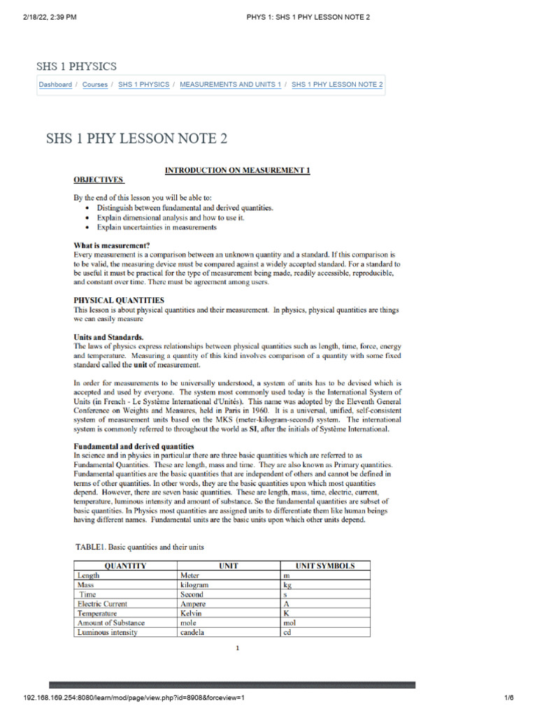 Phys 1 - Shs 1 Phy Lesson Note 2 - Introduction To Measurement1 | PDF