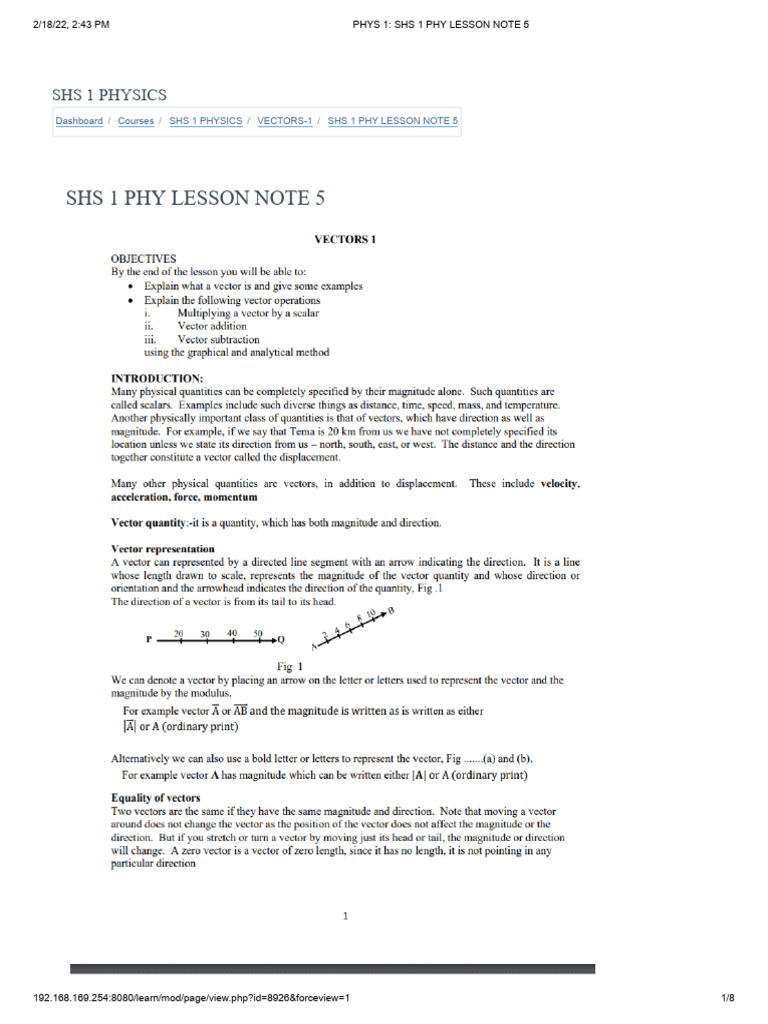 Phys 1 - Shs 1 Phy Lesson Note 5 - Vectors 1 | PDF