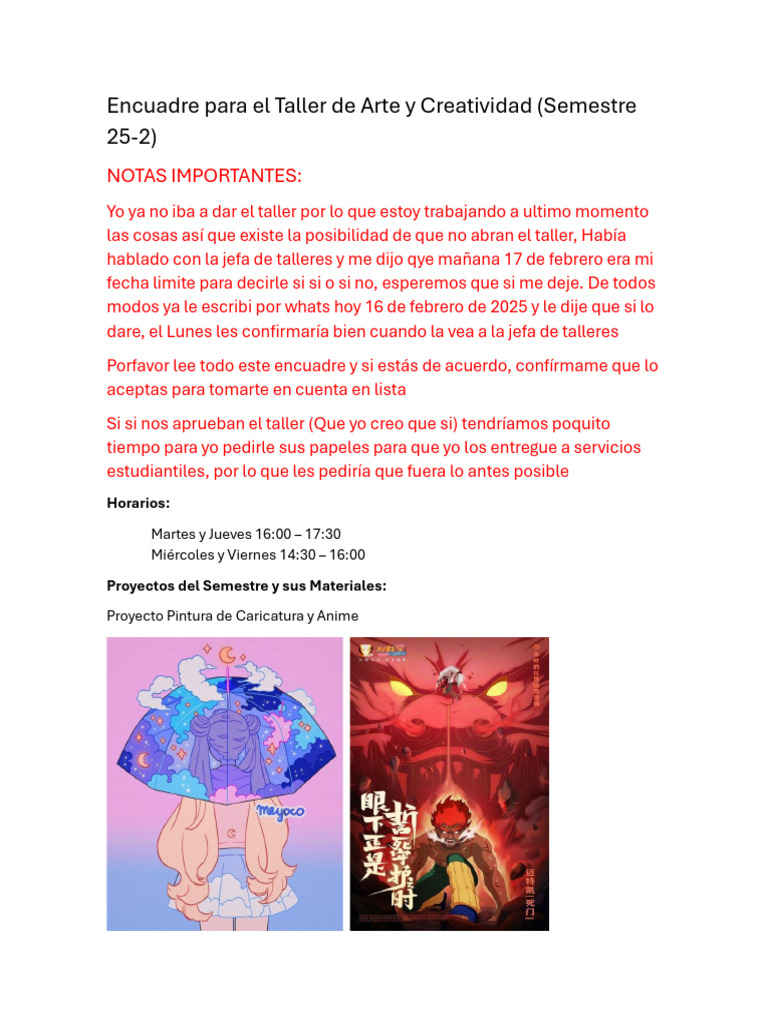 Encuadre Taller de Arte y Creatividad | PDF