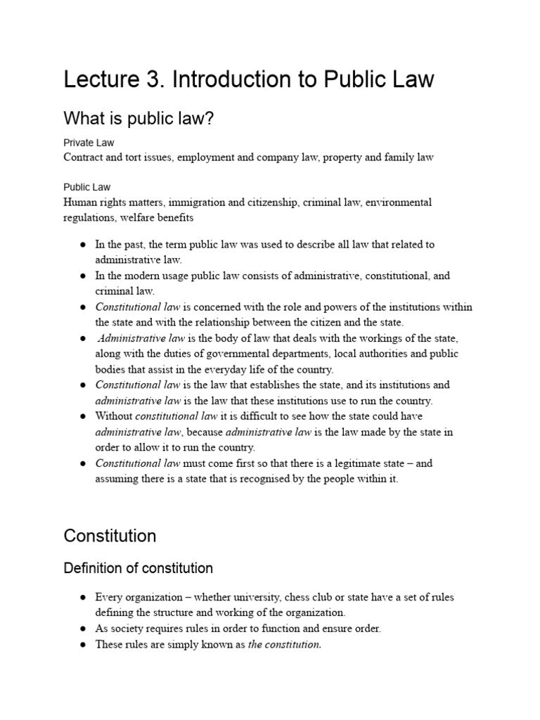 Law Lecture 3. Introduction To Public Law | PDF | Separation Of Powers | Constitution