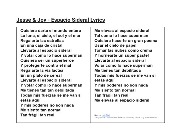 Jesse Joy - Espacio Sideral Lyrics | PDF