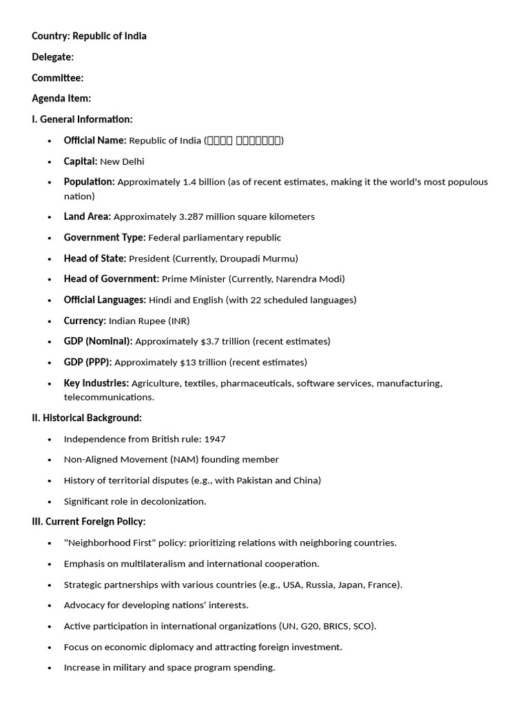 India Country Profile-MUN | PDF | Government | Global Politics