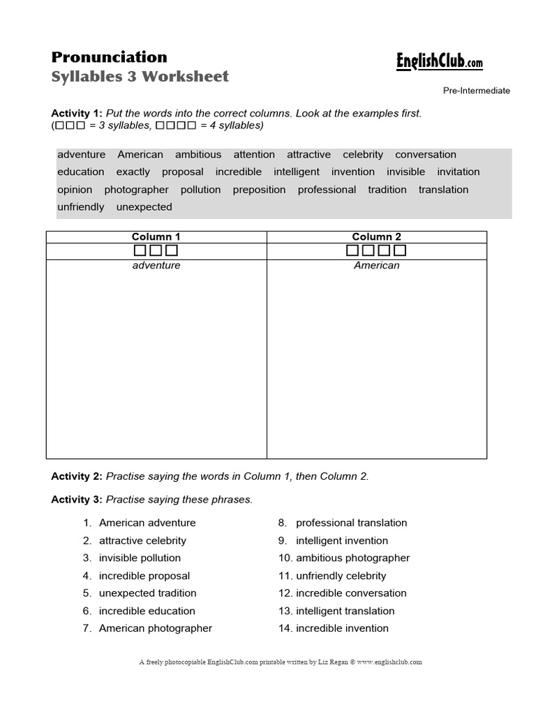 EC Pronunciation Syllables 3 PI With KEY | PDF | Linguistics