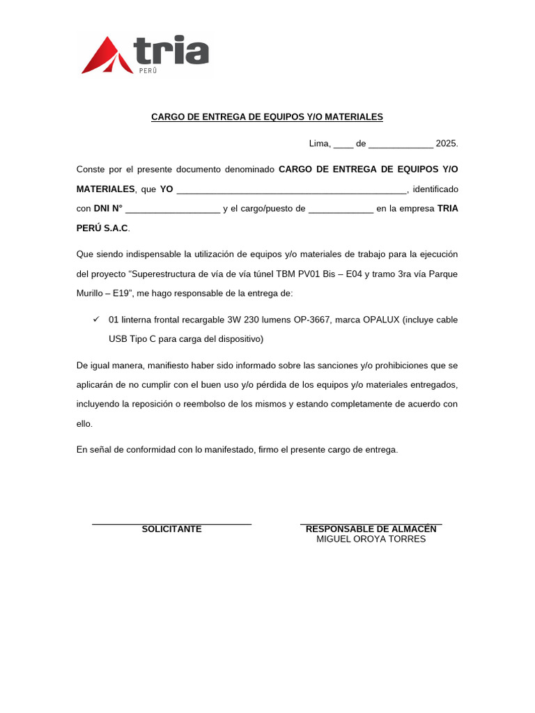 Cargo de Entrega de Equipos y | PDF