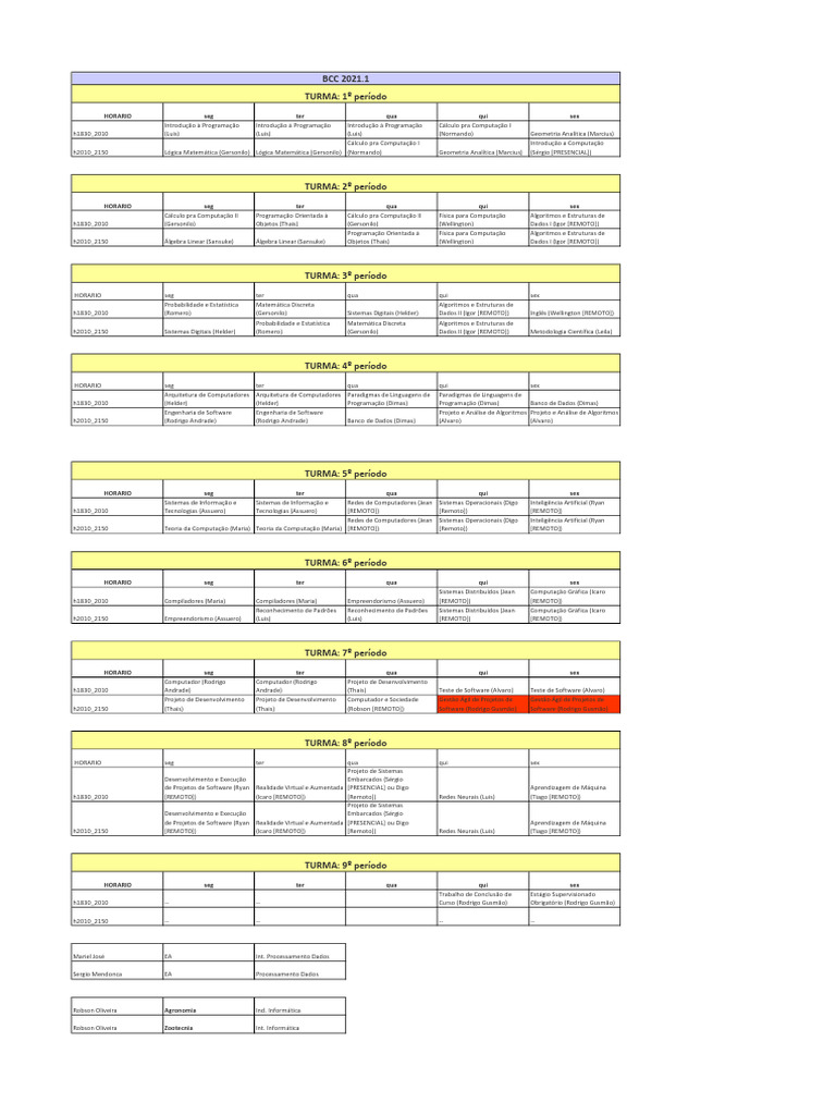 BCC Horario 2021 1 Final | PDF | Informática | Matemática