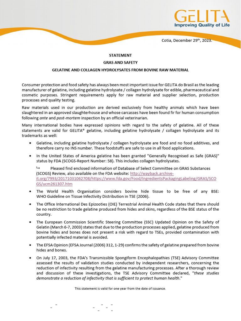 Gelatin Collagen GRAS and Safety - 2024 - Statement | PDF | Gelatin ...