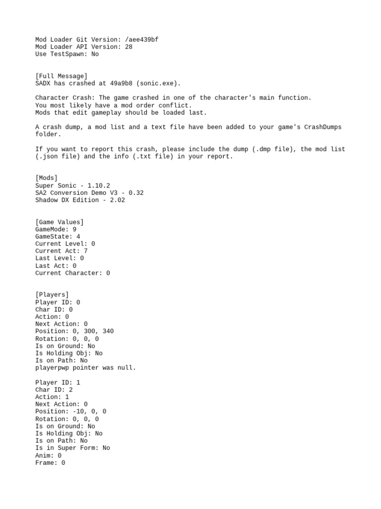 SADX Crash Report: Mod Conflict Details | PDF
