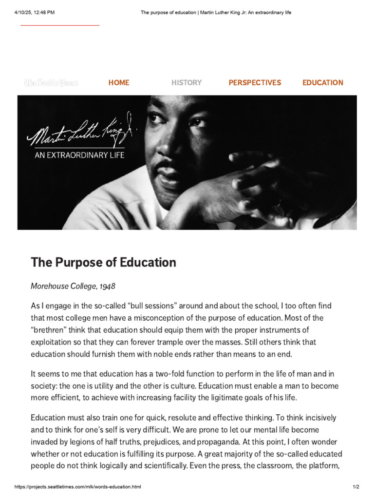 The Purpose of Education - Martin Luther King JR - An Extraordinary ...