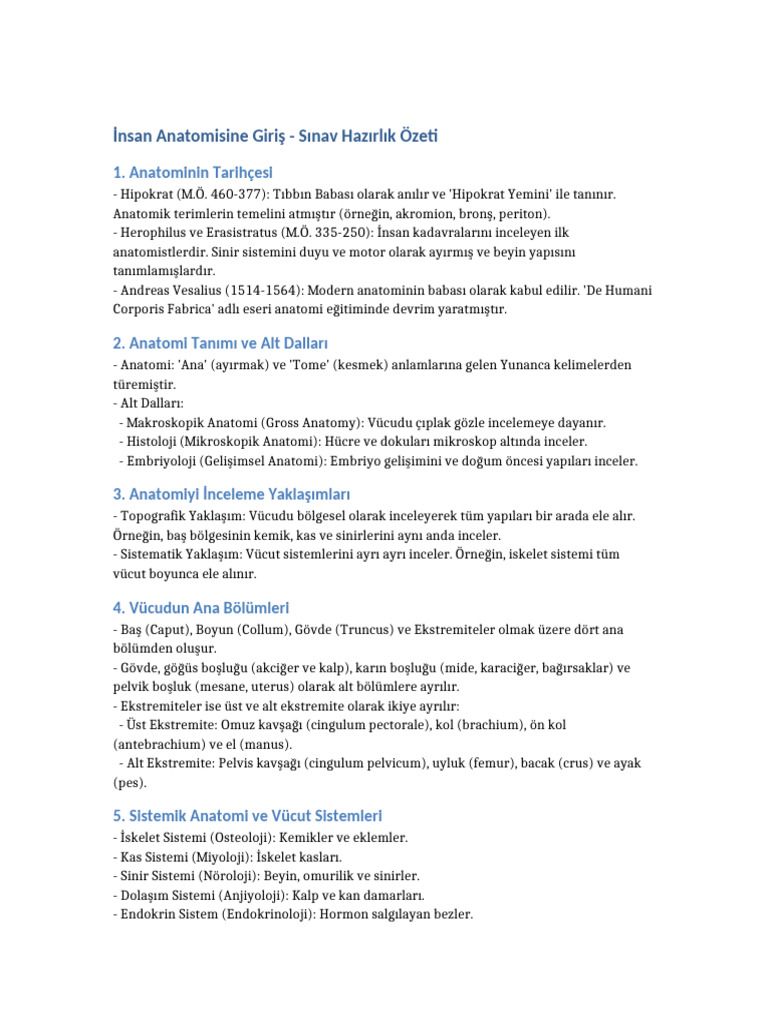 Insan Anatomisi Sinav Hazirlik Ozeti | PDF