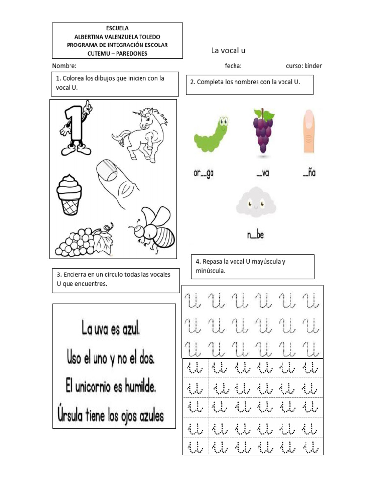 Actividad de La Vocal U Kinder | PDF