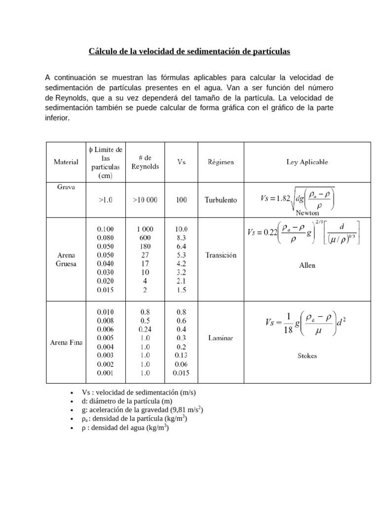 Cálculo de velocidad de sedimentación | PDF
