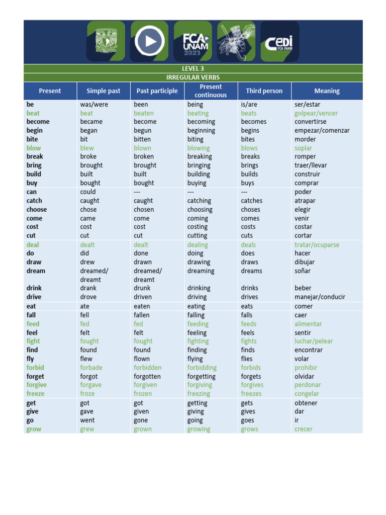 Level 3 Irregular Verbs Guide | PDF