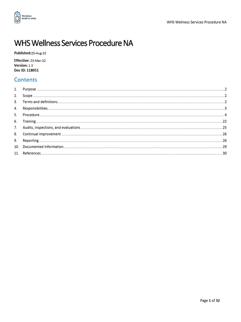 WHS Wellness Services Procedure Overview | PDF | Occupational Safety ...