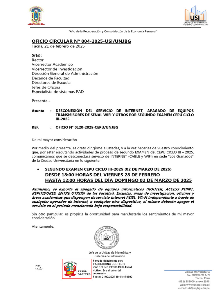 Oficio CIRCULAR #004-2024-USI-a-DESCONEXION - WIFI-red-CEPU-III (R) | PDF | Redes de ...