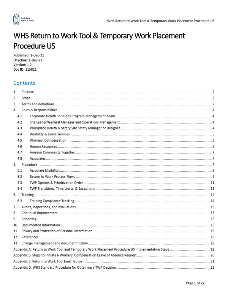 WHS Return To Work Tool Temporary Work Placement Procedure US 1 PDF ...