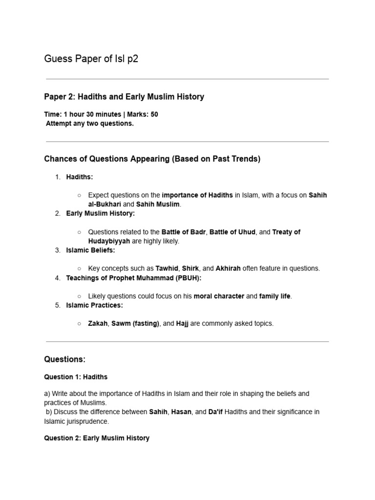Isl Paper 2: Hadiths & History Guide | PDF