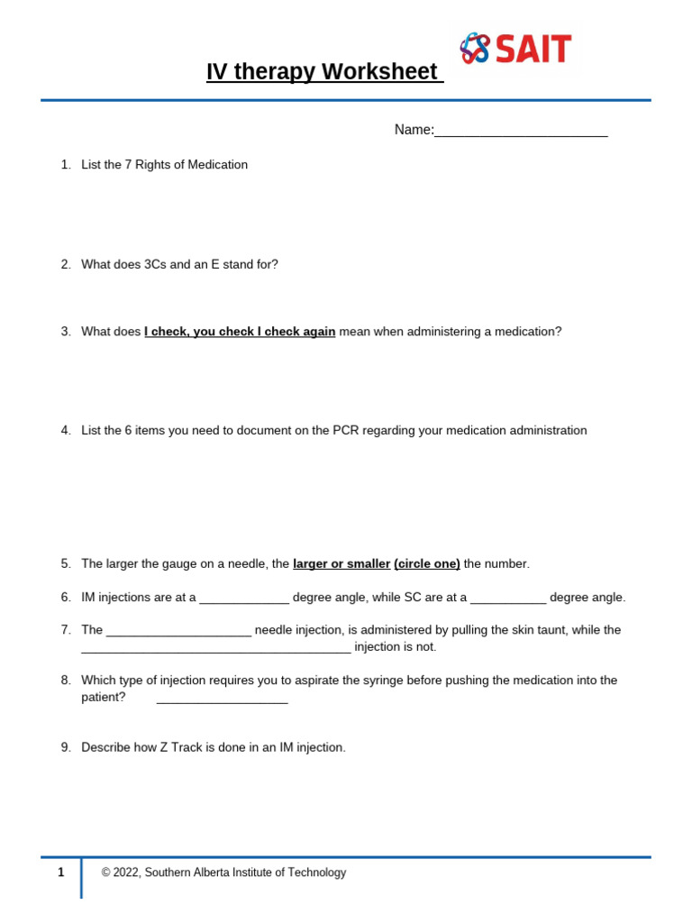 IV, IM and SC Therapy Worksheet 2 | PDF