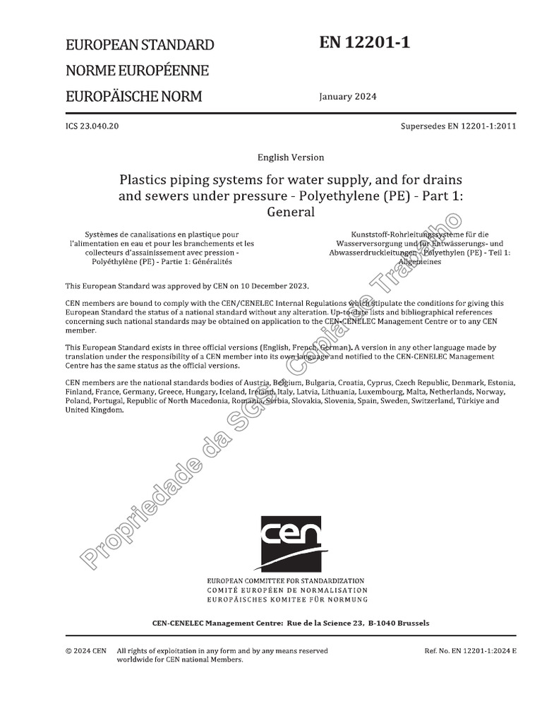 EN 12201-1:2024 Polyethylene Piping Standards | PDF | Pipe (Fluid ...