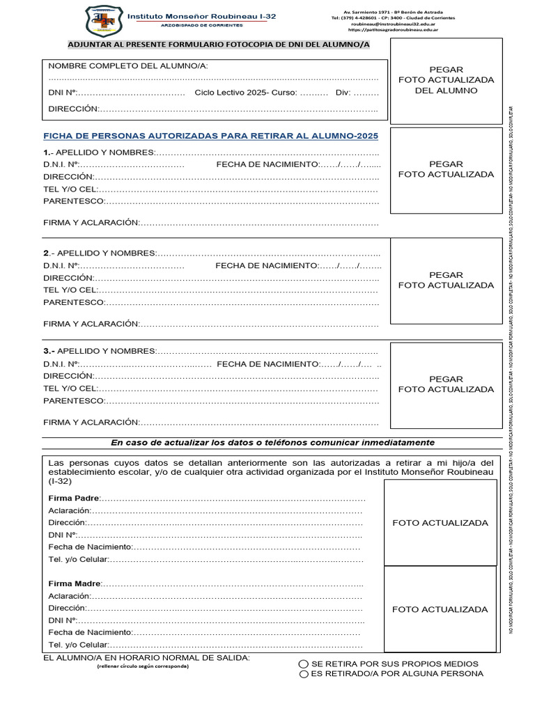 Ficha de Personas Autorizadas para Retirar Al Alumno 2025 | PDF ...