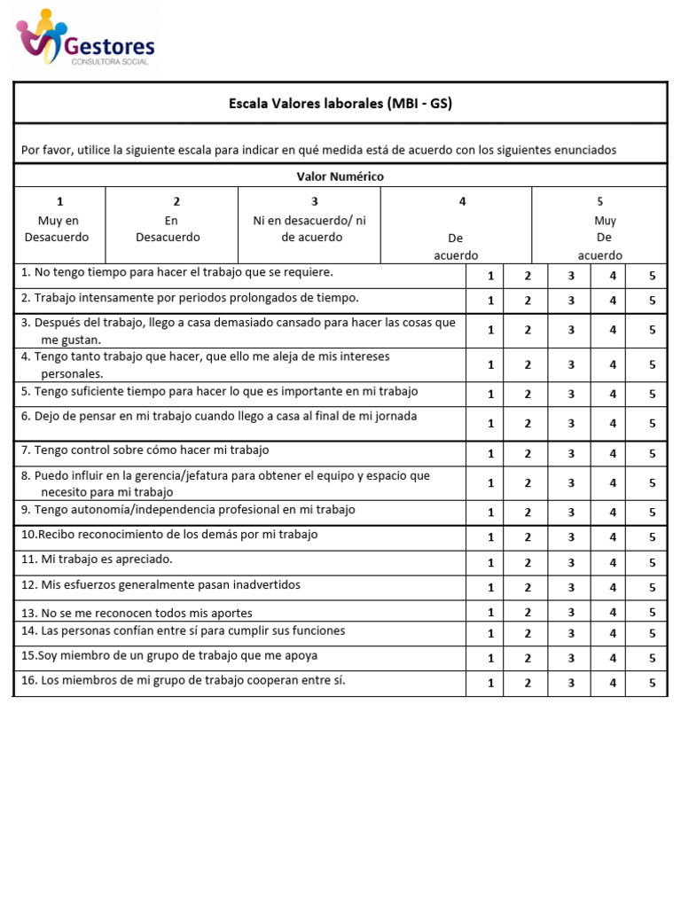 Escala MBI-GS de Valores Laborales | PDF