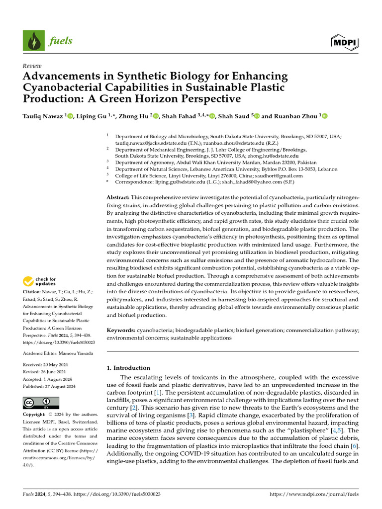 Advancements in Synthetic Biology for Enhancing Cyanobacterial Capabilities in Sustainable ...