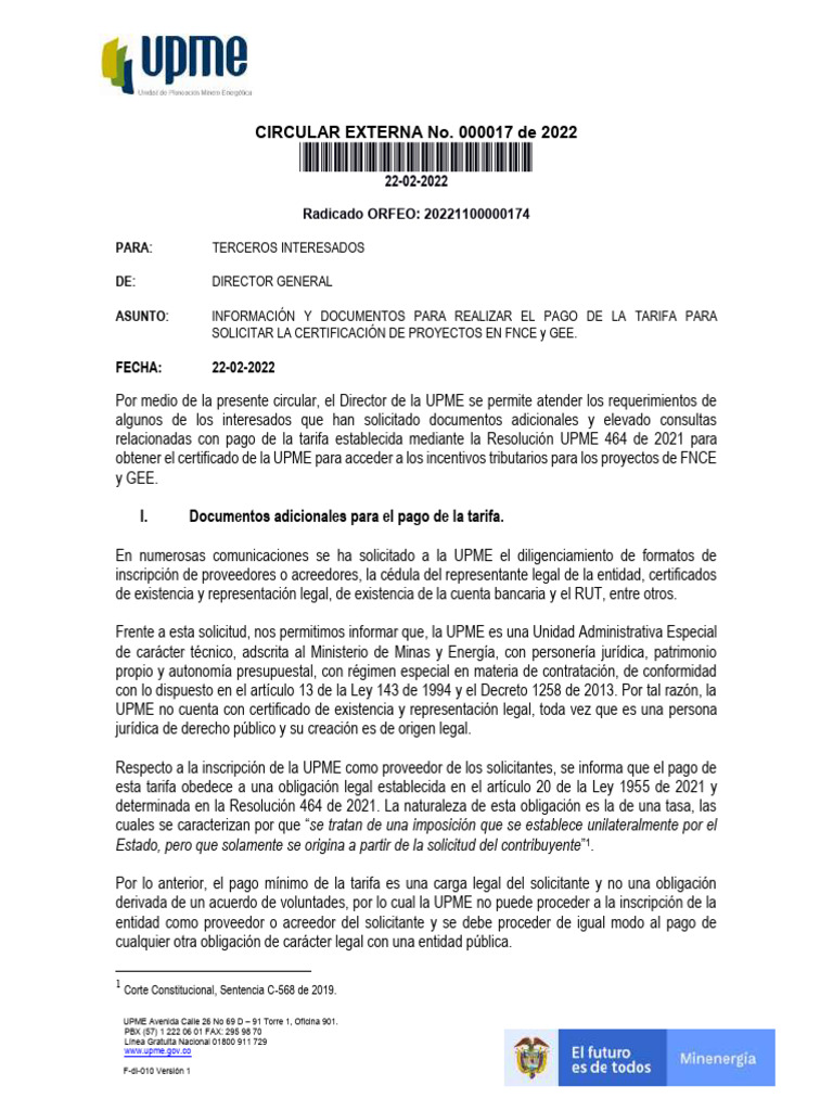 Certificación UPME: Proceso y Tarifas | PDF
