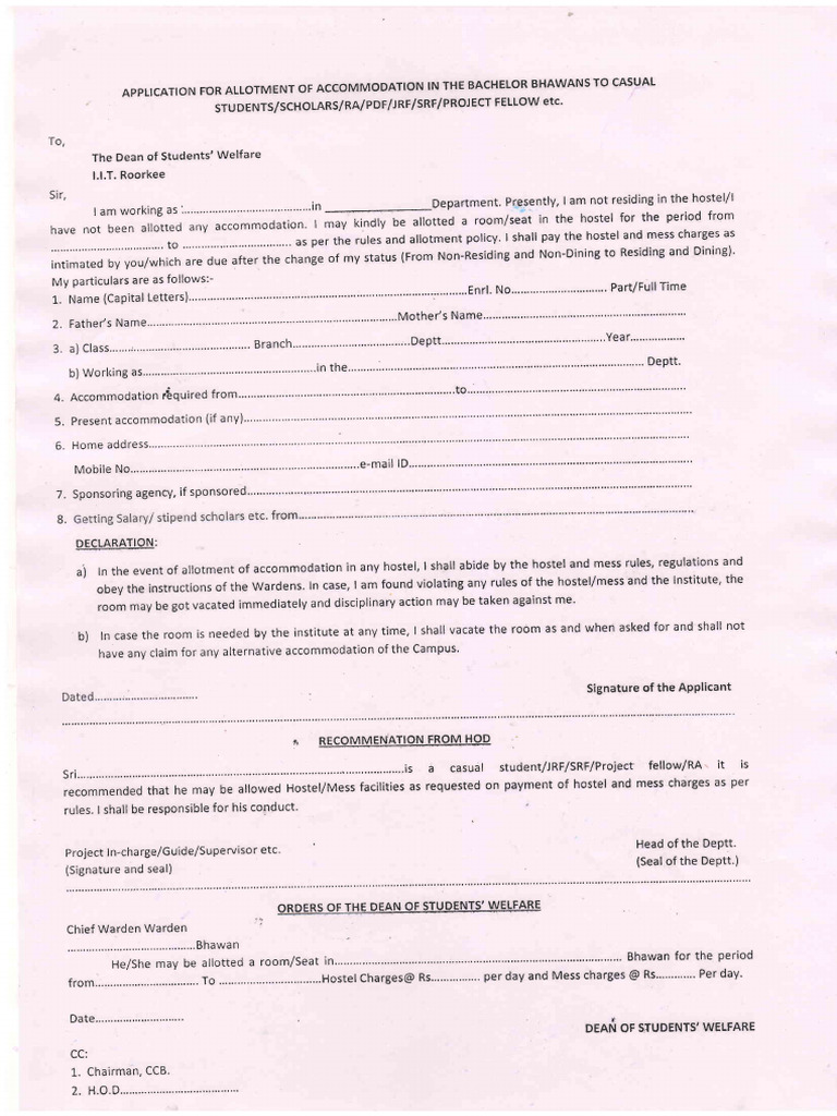 Application Form For Accommodation in Hostels To Project Related Students | PDF