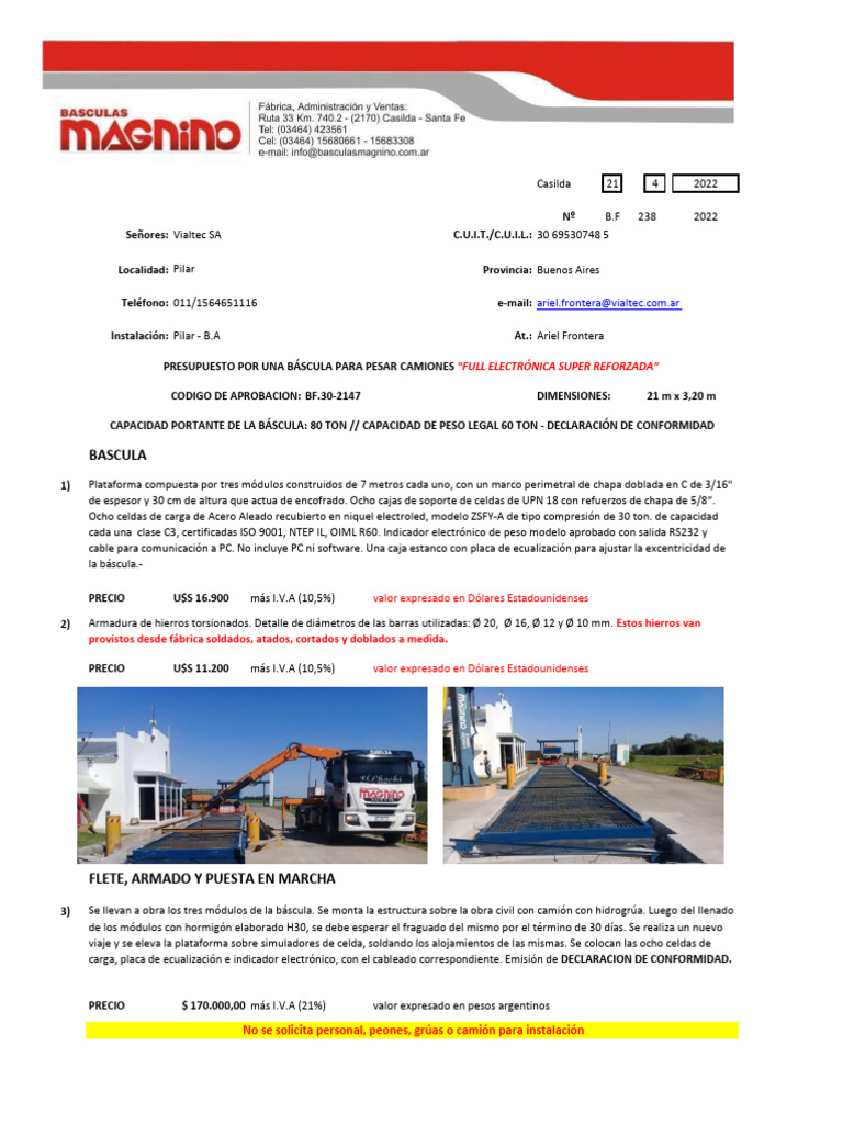 BALANZA MAGNINO F 238-2022 VIALTEC S.A (003) | PDF | Hormigón