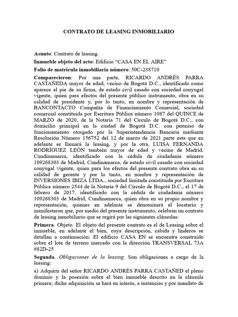 Contrato de Leasing Inmobiliario en Bogotá | PDF | Póliza de seguros ...