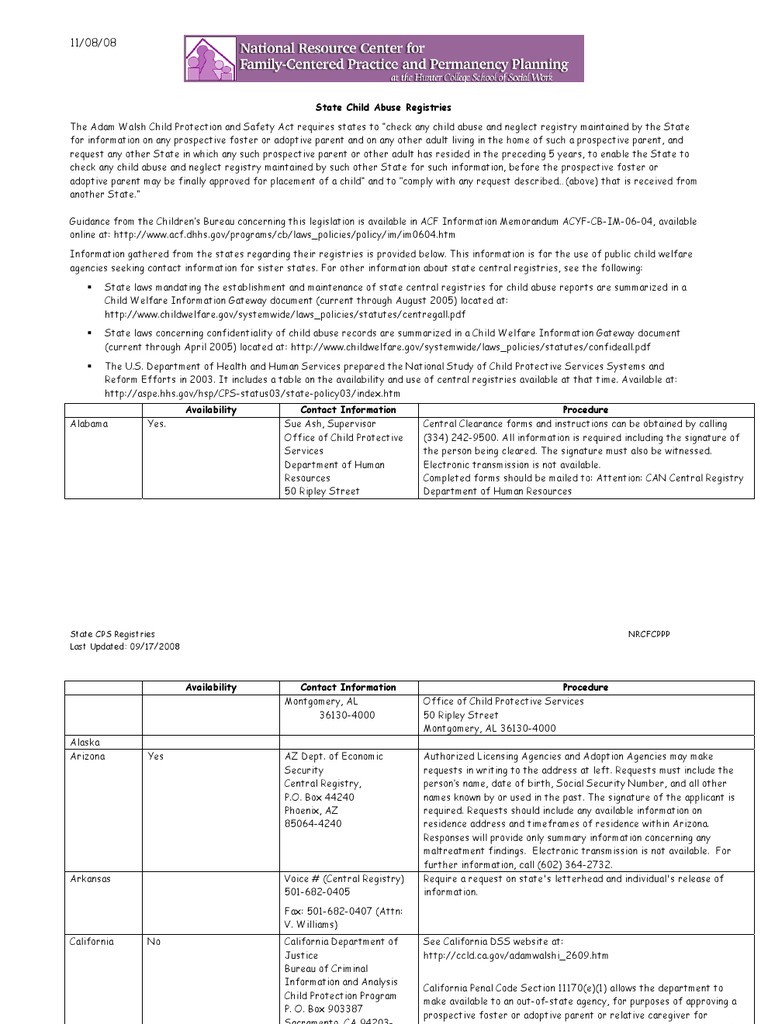 State Child Abuse Registry Overview | PDF | Child Protective Services ...