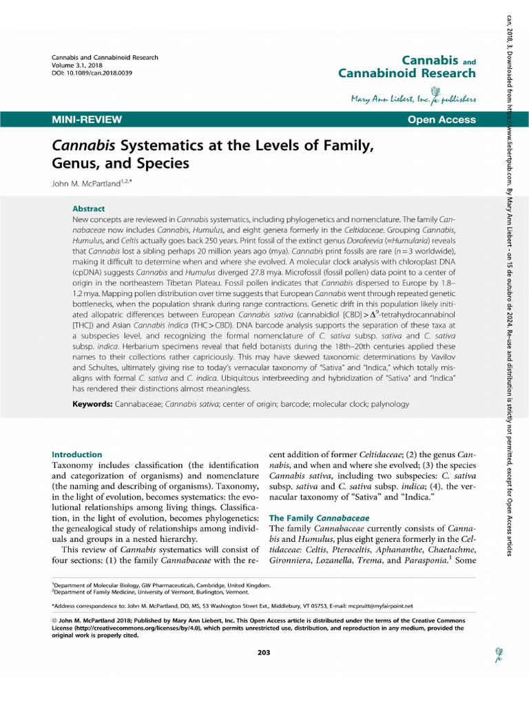 Cannabis Systematics at The Levels of Family, Genus, and Species | PDF