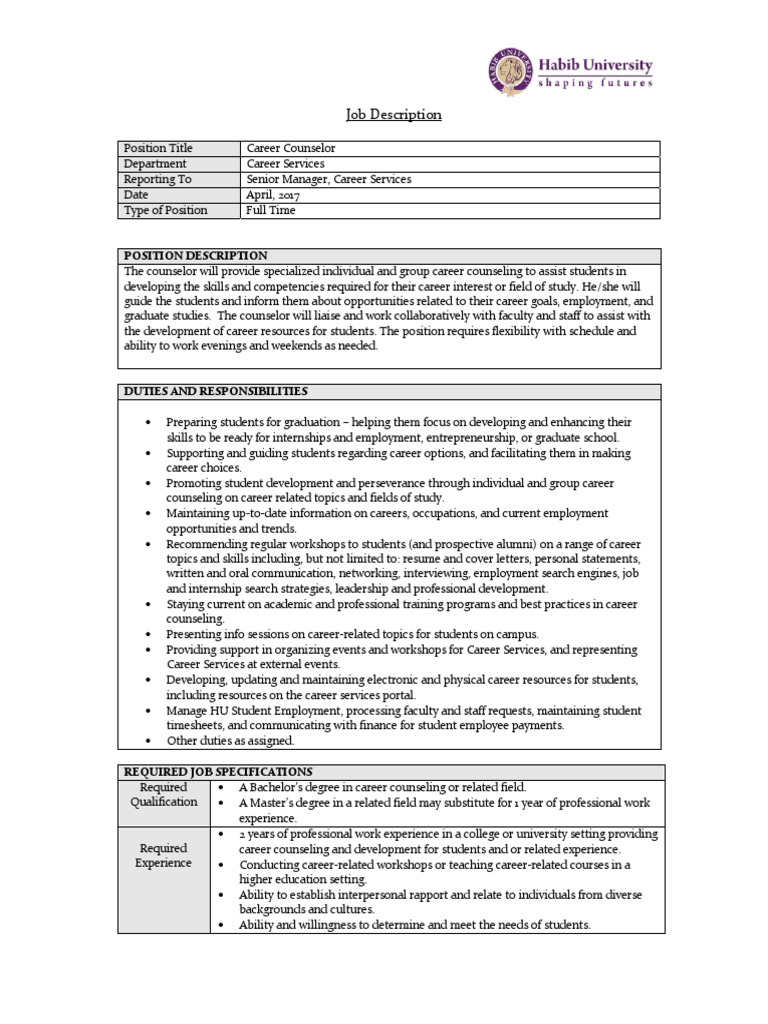 Career Counselor Job Description | PDF | School Counselor | Academic Degree