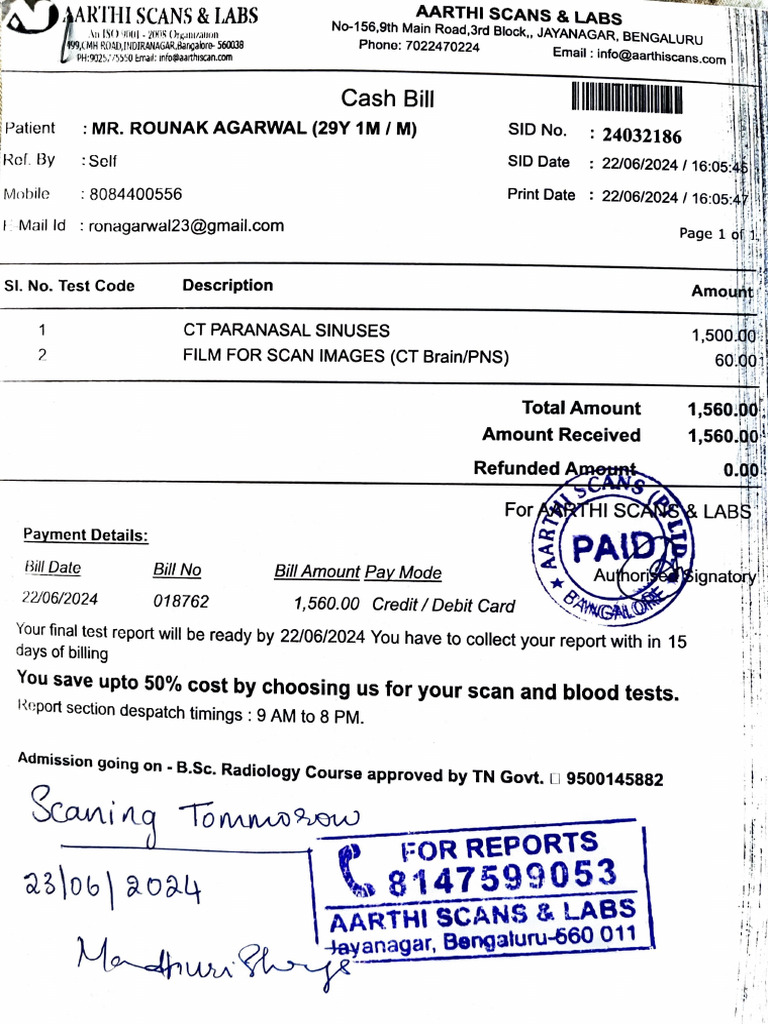 CT Scan Cost at Aarthi Scans Jayanagar | PDF