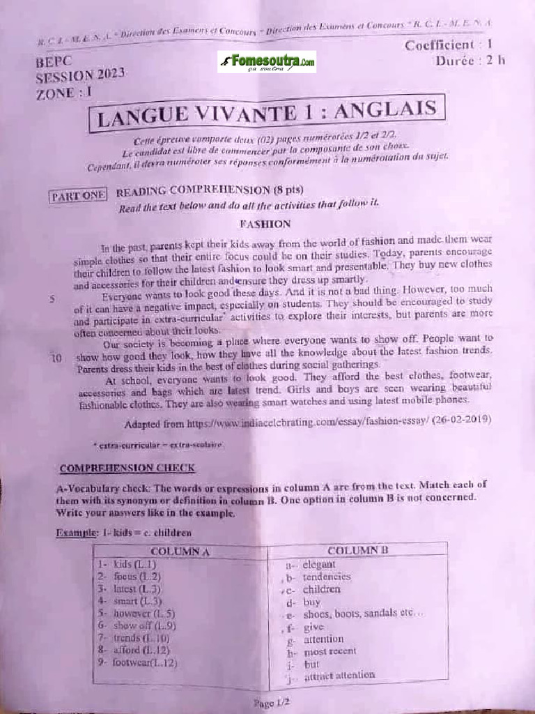 Sujet Anglais Bepc 2023 Zone1 | PDF