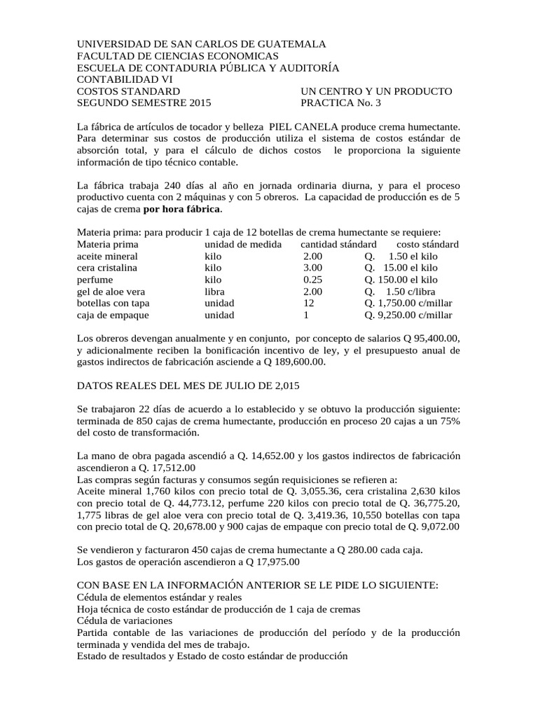 COSTOS STANDARD_UN CENTRO UN PRODUCTO_PIEL CANELA | PDF | Presupuesto ...